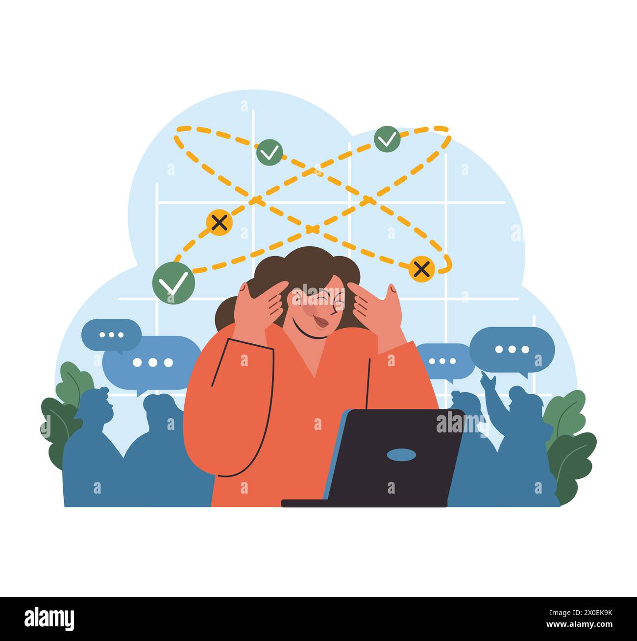 Navigating complex decisions. Woman at laptop, pondering paths filled ... Navigating complex decisions. Woman at laptop, pondering paths filled ...