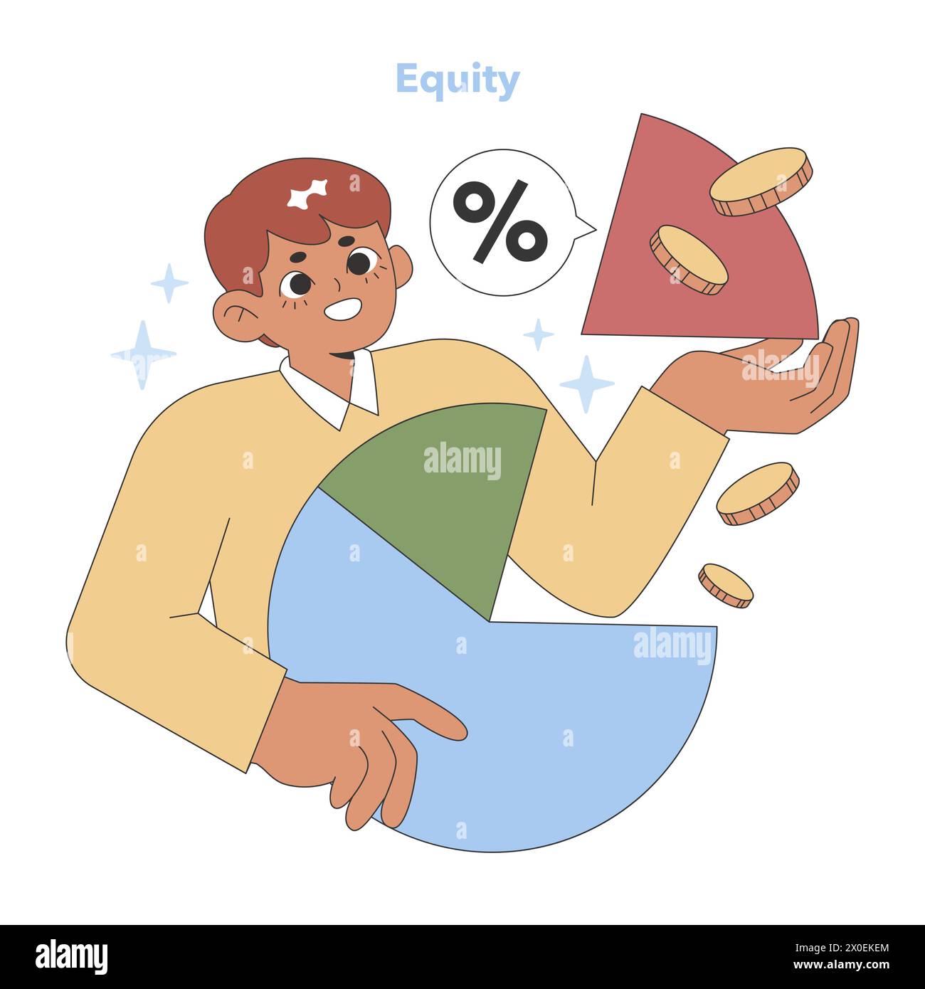 Equity concept. An entrepreneur examines the slices of a pie chart ...