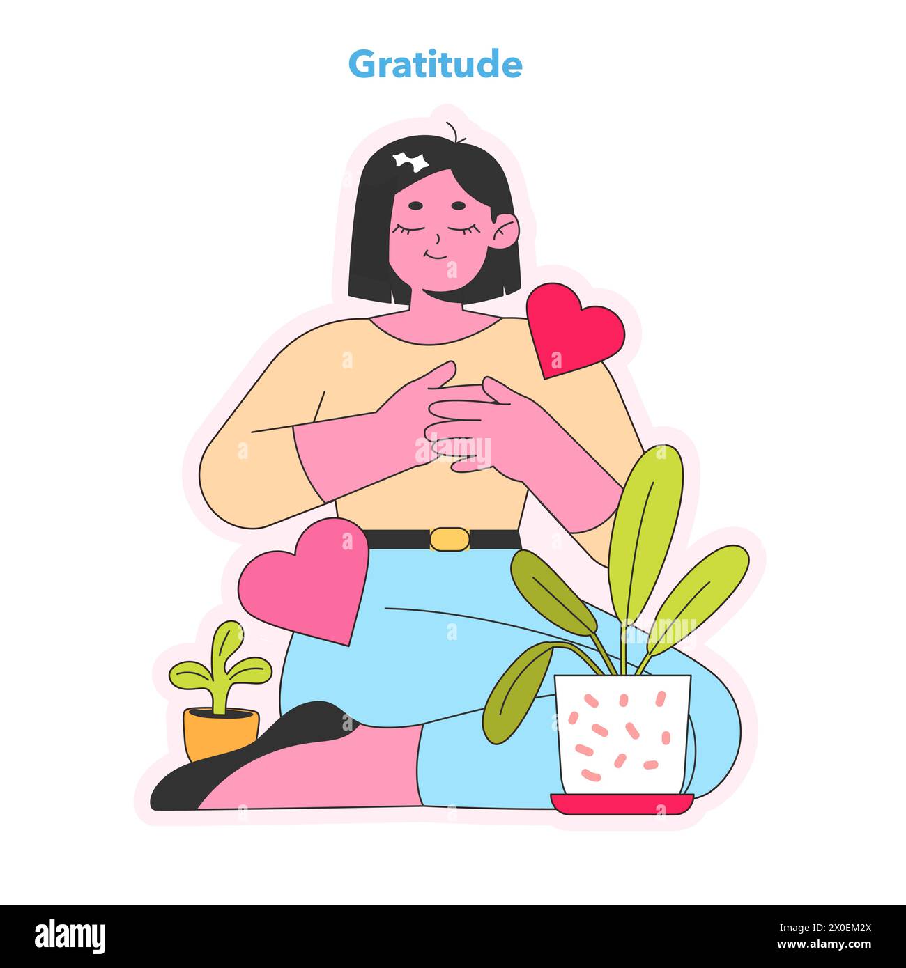 Gratitude concept. Content figure surrounded by heart symbols and ...