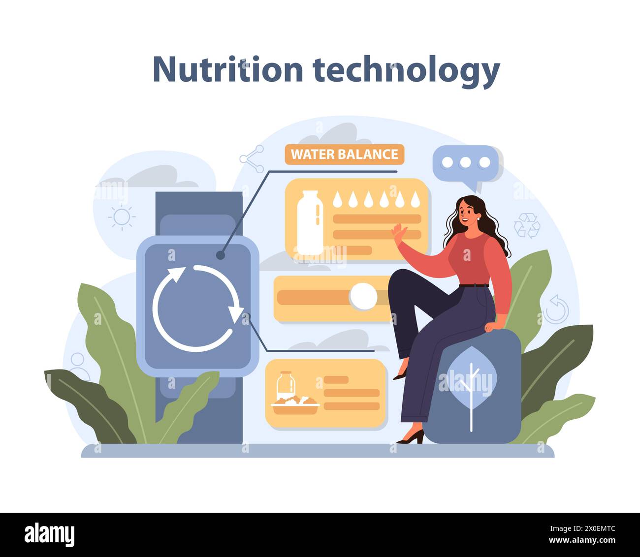 Nutrition Technology Concept. A woman interacts with a digital platform ...