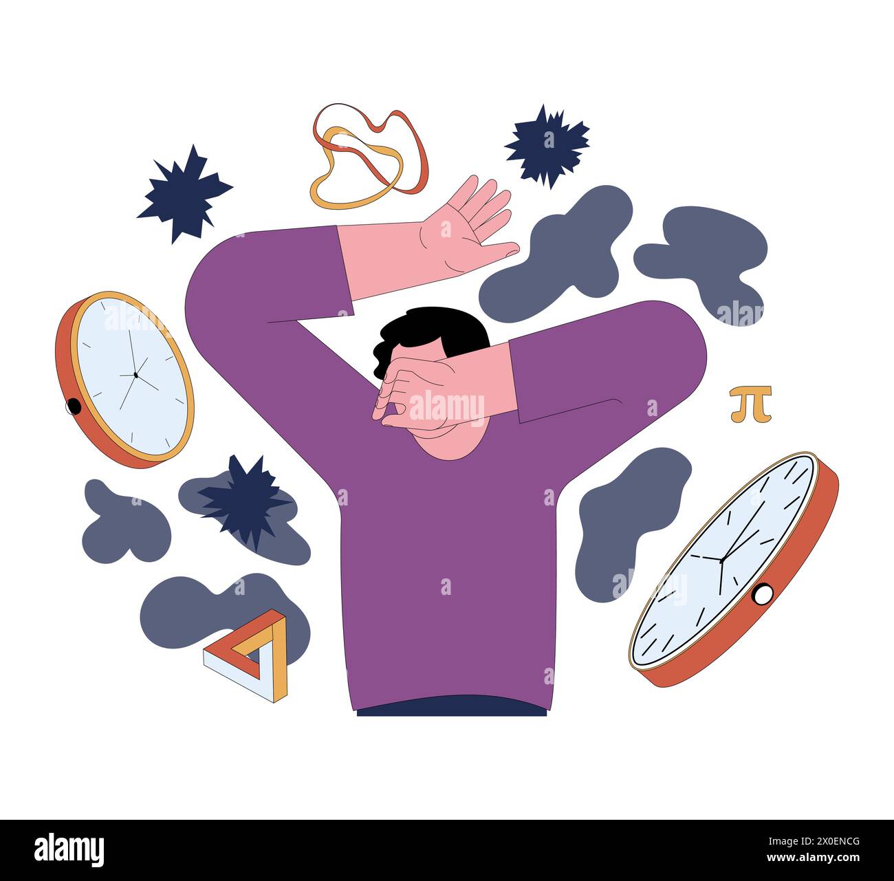 Human fear of irrationality. A person surrounded by symbols of chaos ...