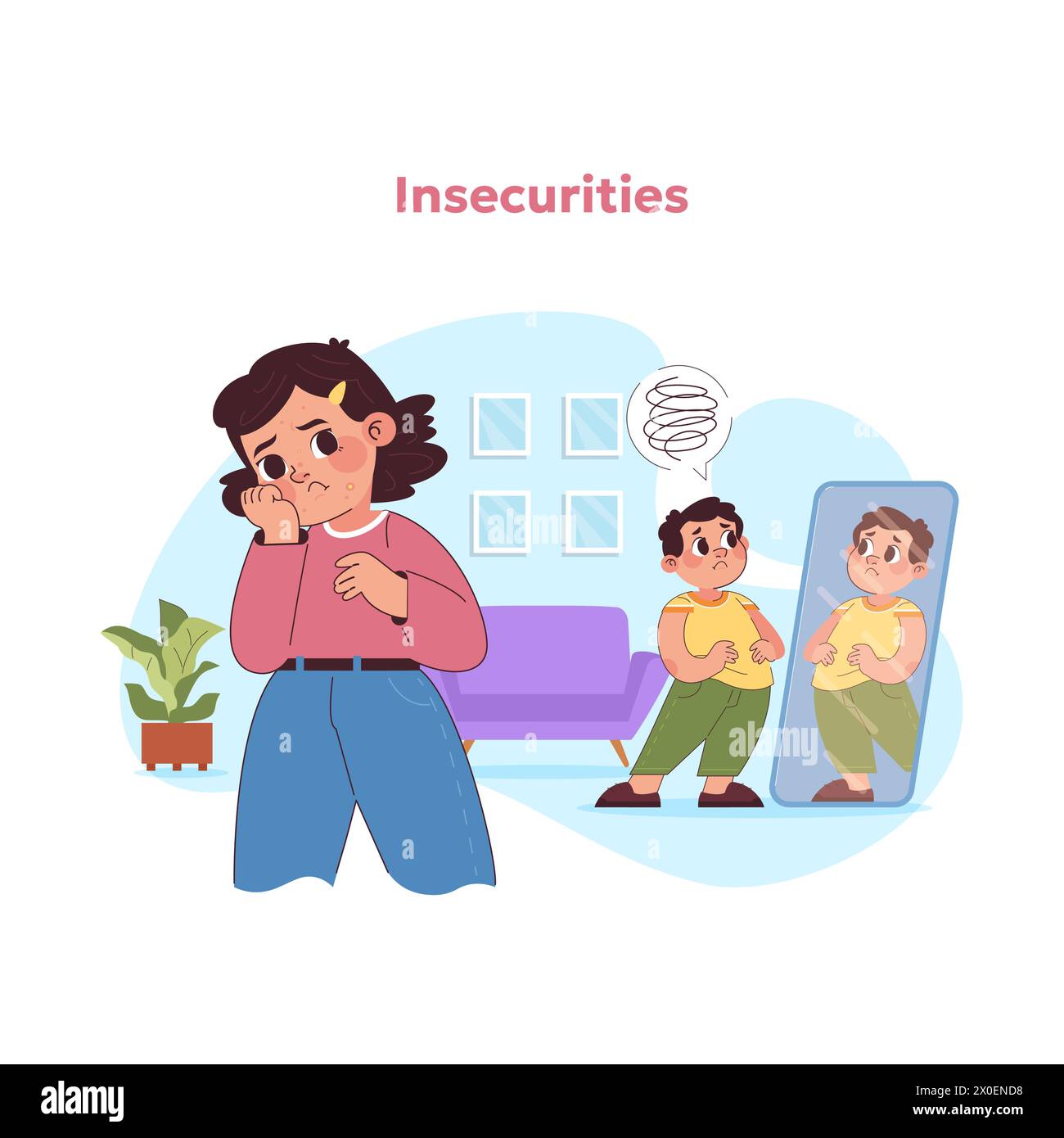 A woman is standing in front of a mirror, examining her reflection. She ...