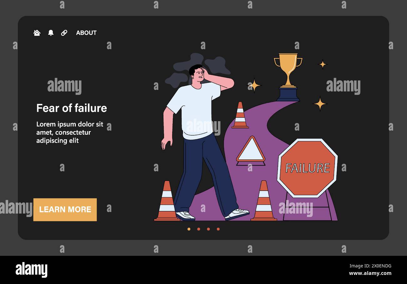 Fear of failure dark or night mode web, landing. Insecure anxious man ...