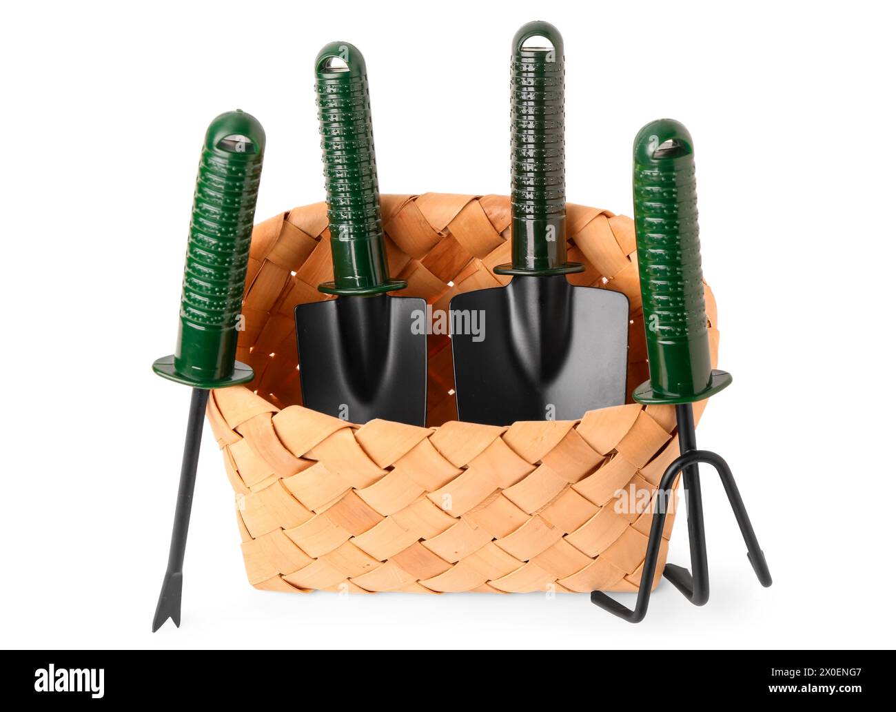 Gardening tools in basket on white background Stock Photo - Alamy