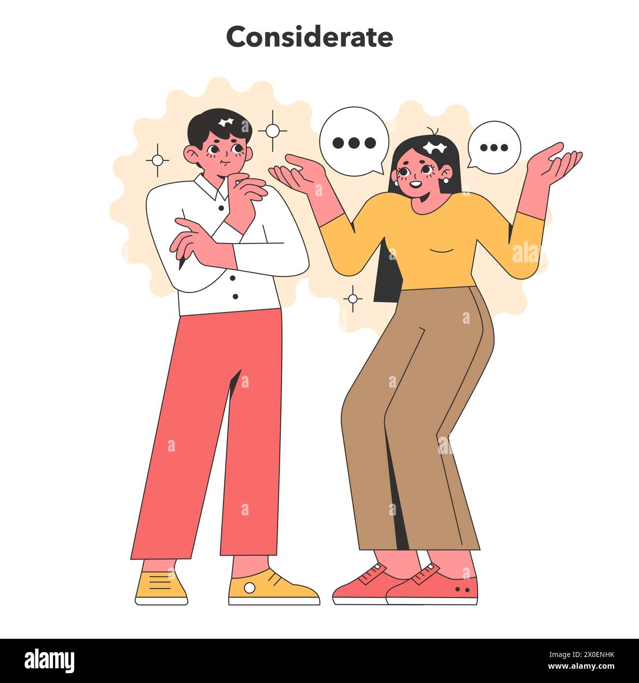 Colorful vector illustration depicting a considerate interaction ...