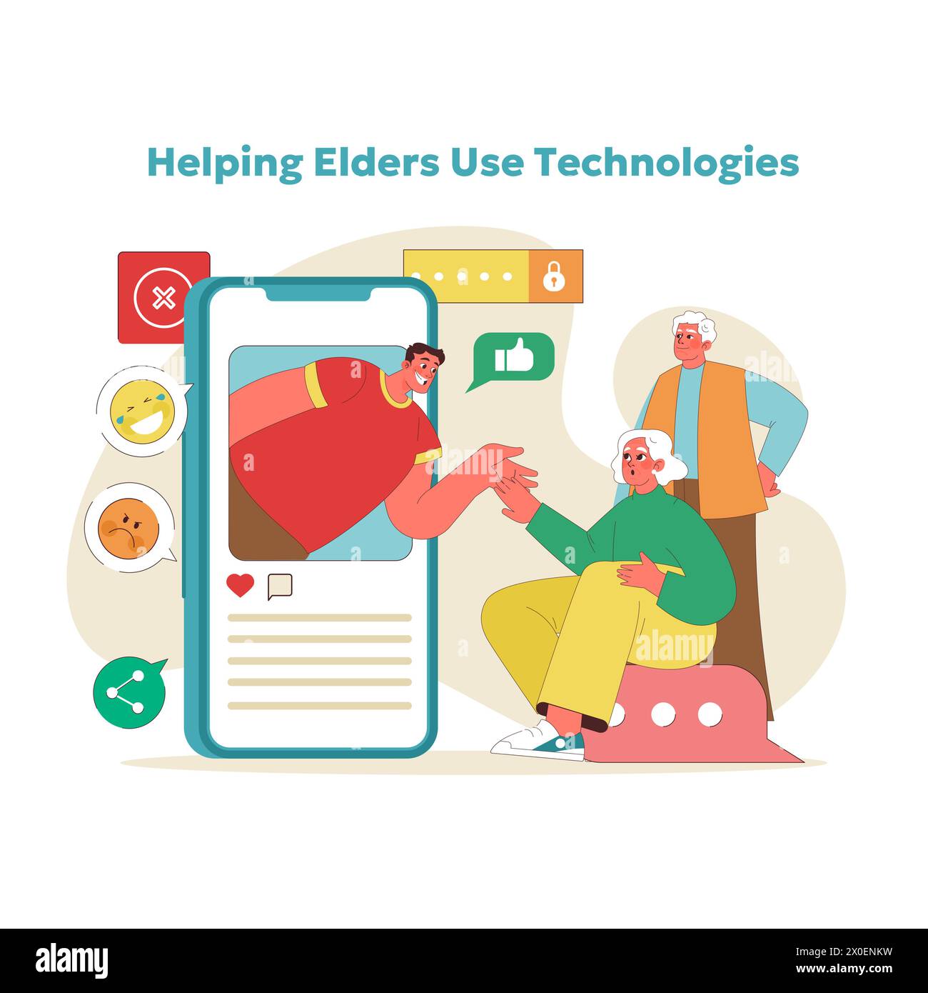 Intergenerational tech tutorial concept. Young man assisting seniors ...