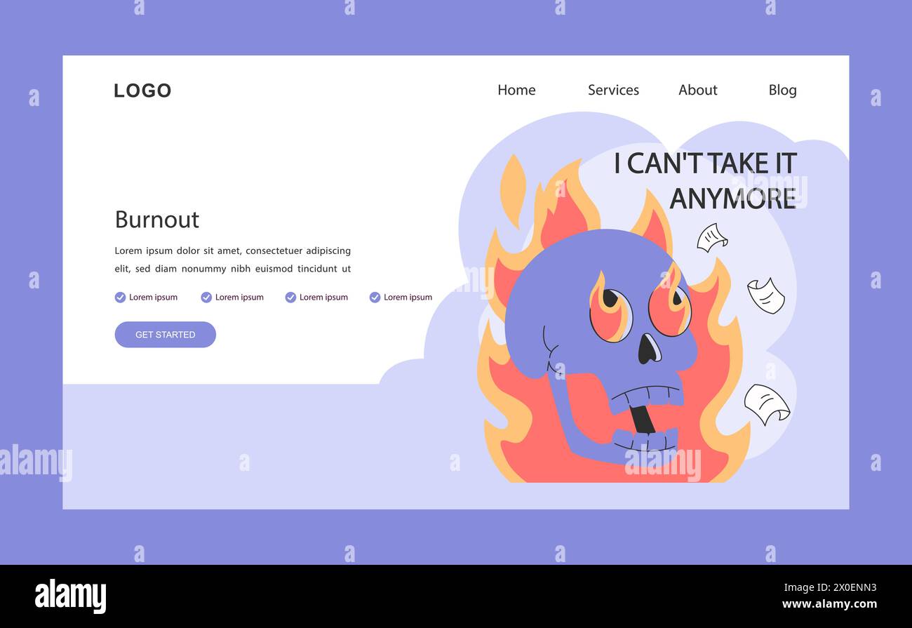 Professional burnout web banner or landing page. Skull on fire. Work ...