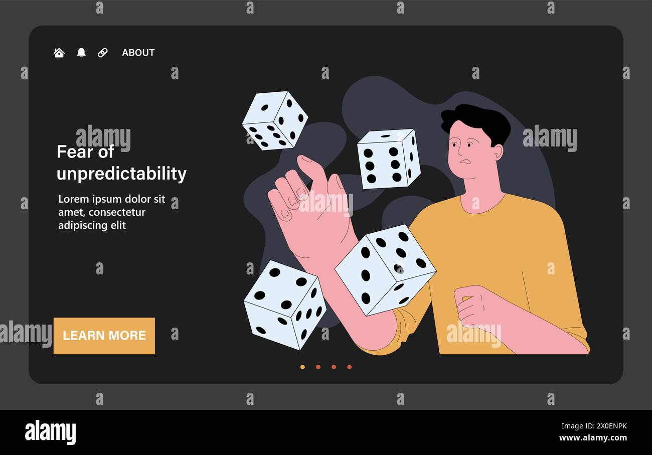 Fear of unpredictability. Apprehensive scared man throwing dice ...