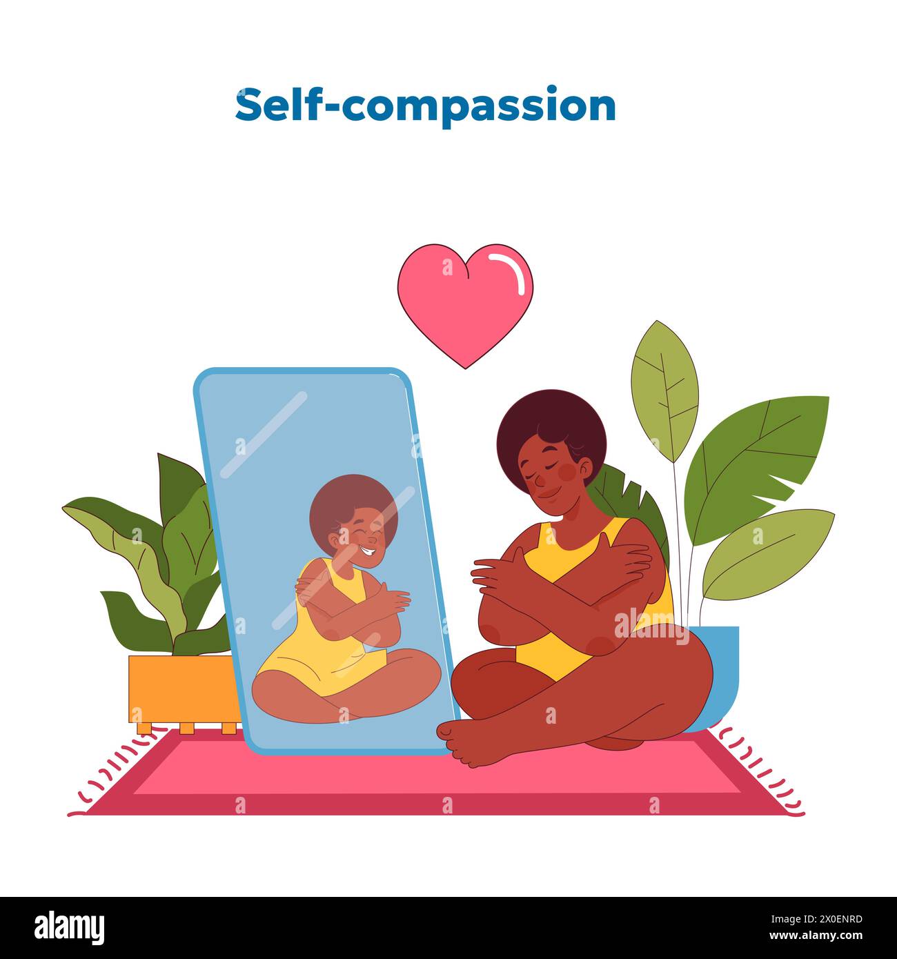 Self-compassion theme. Individual practices self-love, reflecting on inner child with kindness ...