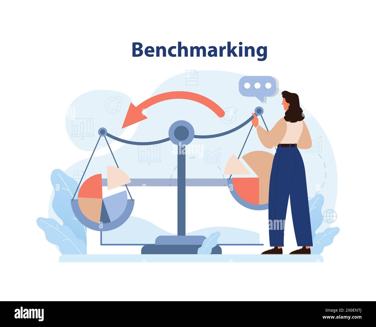 Benchmarking concept. Woman analyzing data on scales, comparing metrics ... Benchmarking concept. Woman analyzing data on scales, comparing metrics ...