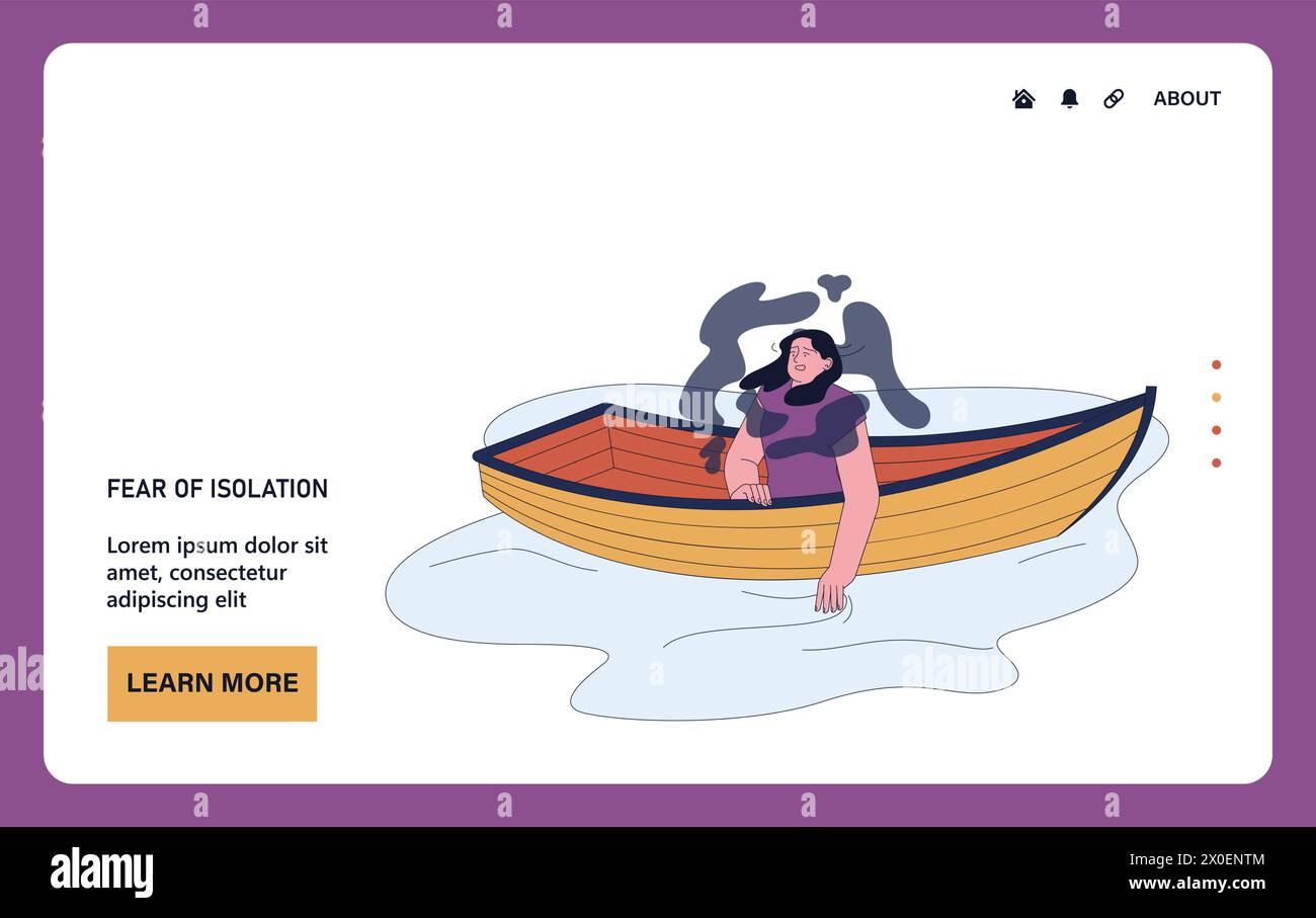Fear of isolation web or landing. Frightened young woman sitting in a ...