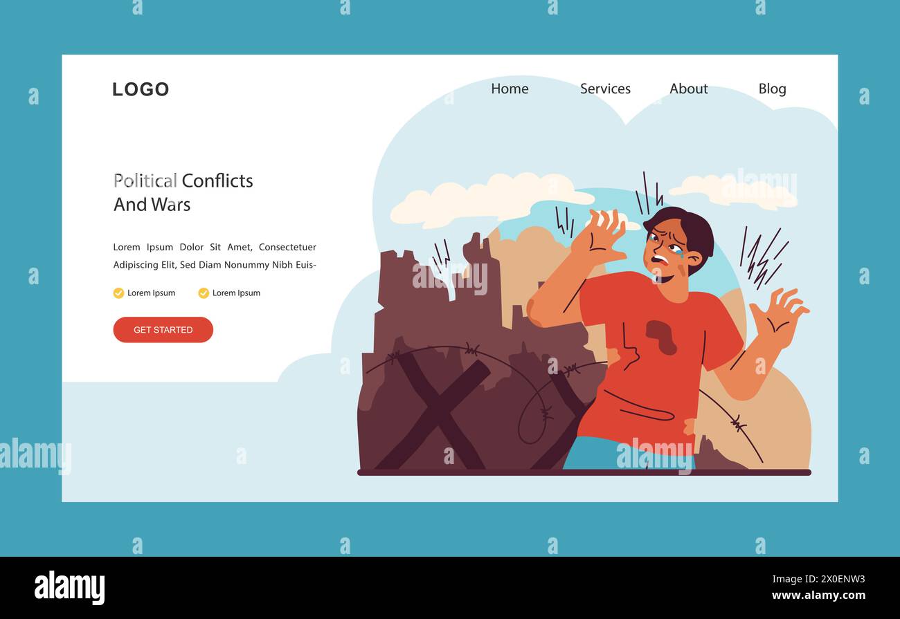 War and conflict theme. A terrified individual in the rubble of ...