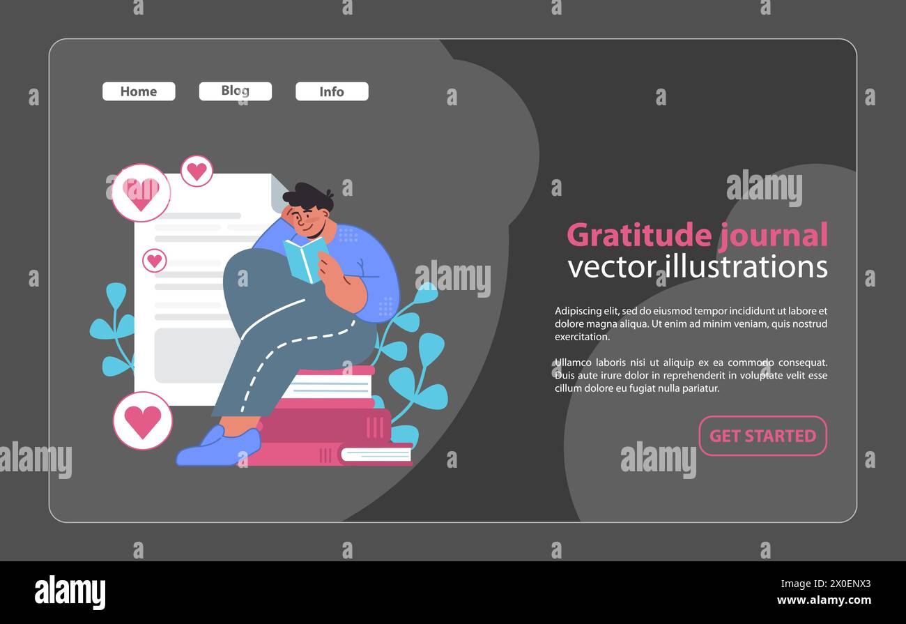 Mindful gratitude journaling web or landing. Reflecting on life's joys ...