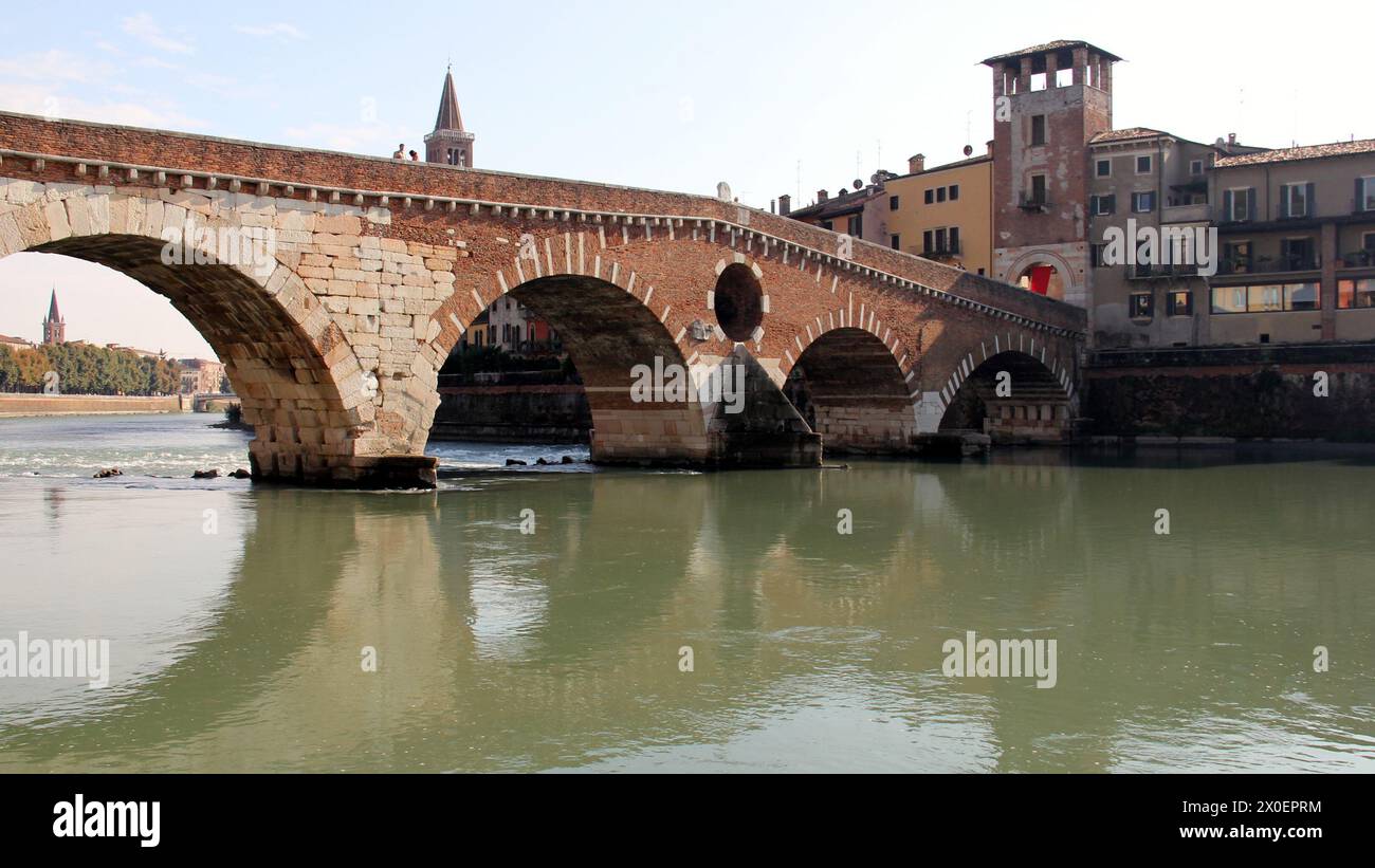 Ponte Pietra, the Stone Bridge, Roman arch bridge crossing Adige river ...