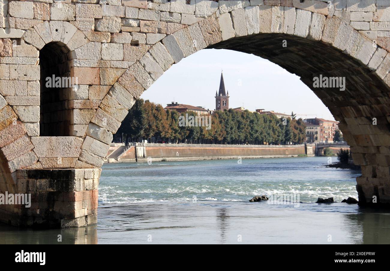 One of the stone arches of the Ponte Pietra, Stone Bridge, Roman arch ...