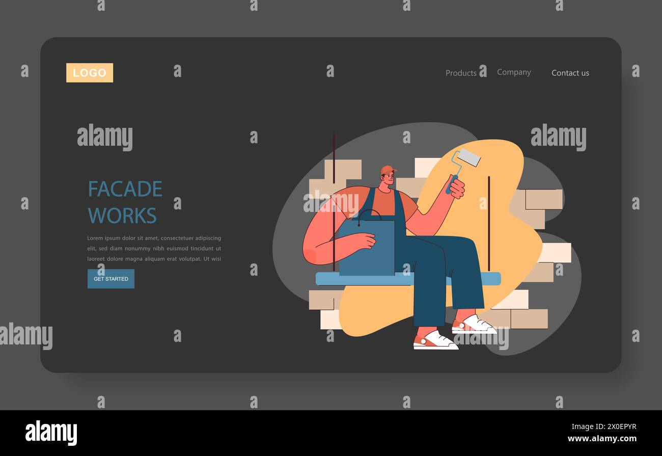 Facade Works concept. A painter applying fresh coat to exterior walls ...