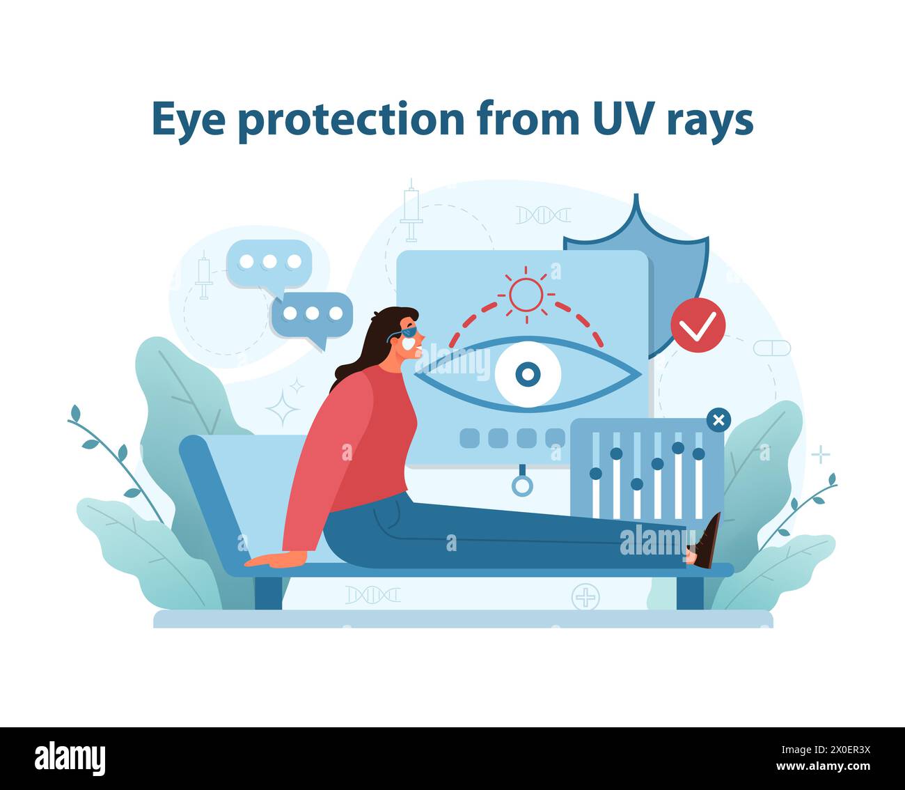 UV Protection Awareness Illustration. A woman with sunglasses highlights the importance of ...