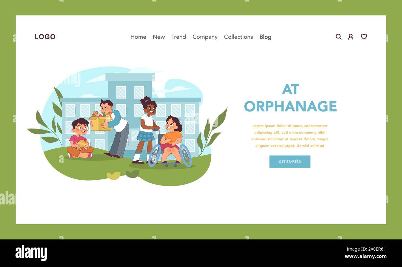 Orphan support concept. Caring kids deliver toys and joy to orphanage ...