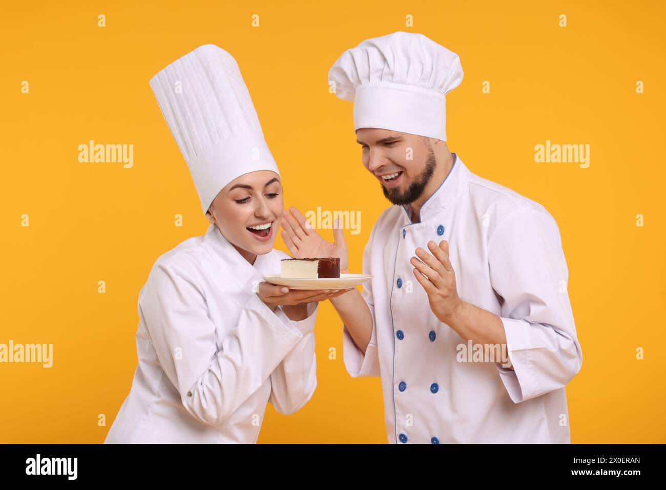 Happy professional confectioners in uniforms holding delicious ...