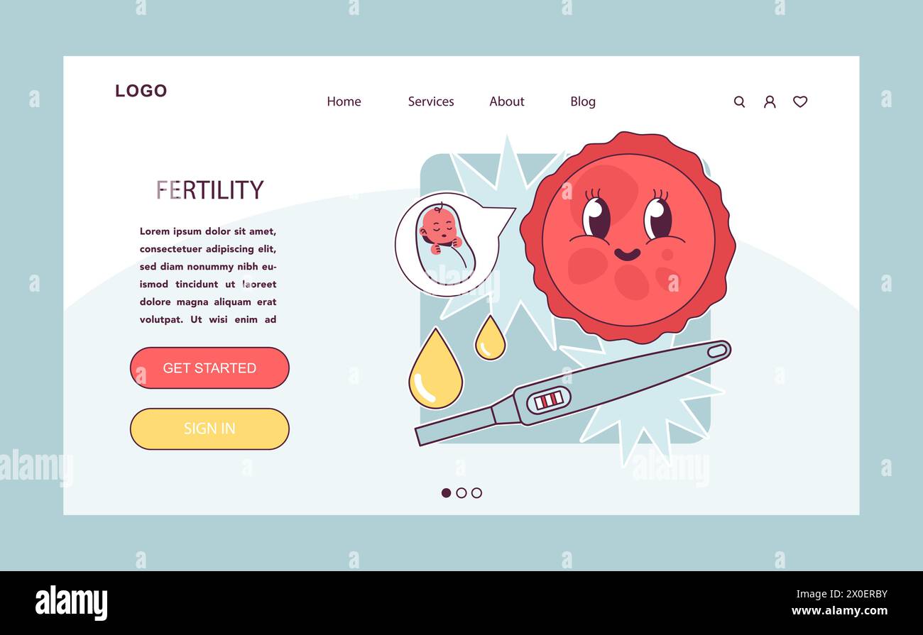 Fertility web or landing. Smiley ovum vintage cartoon character ...