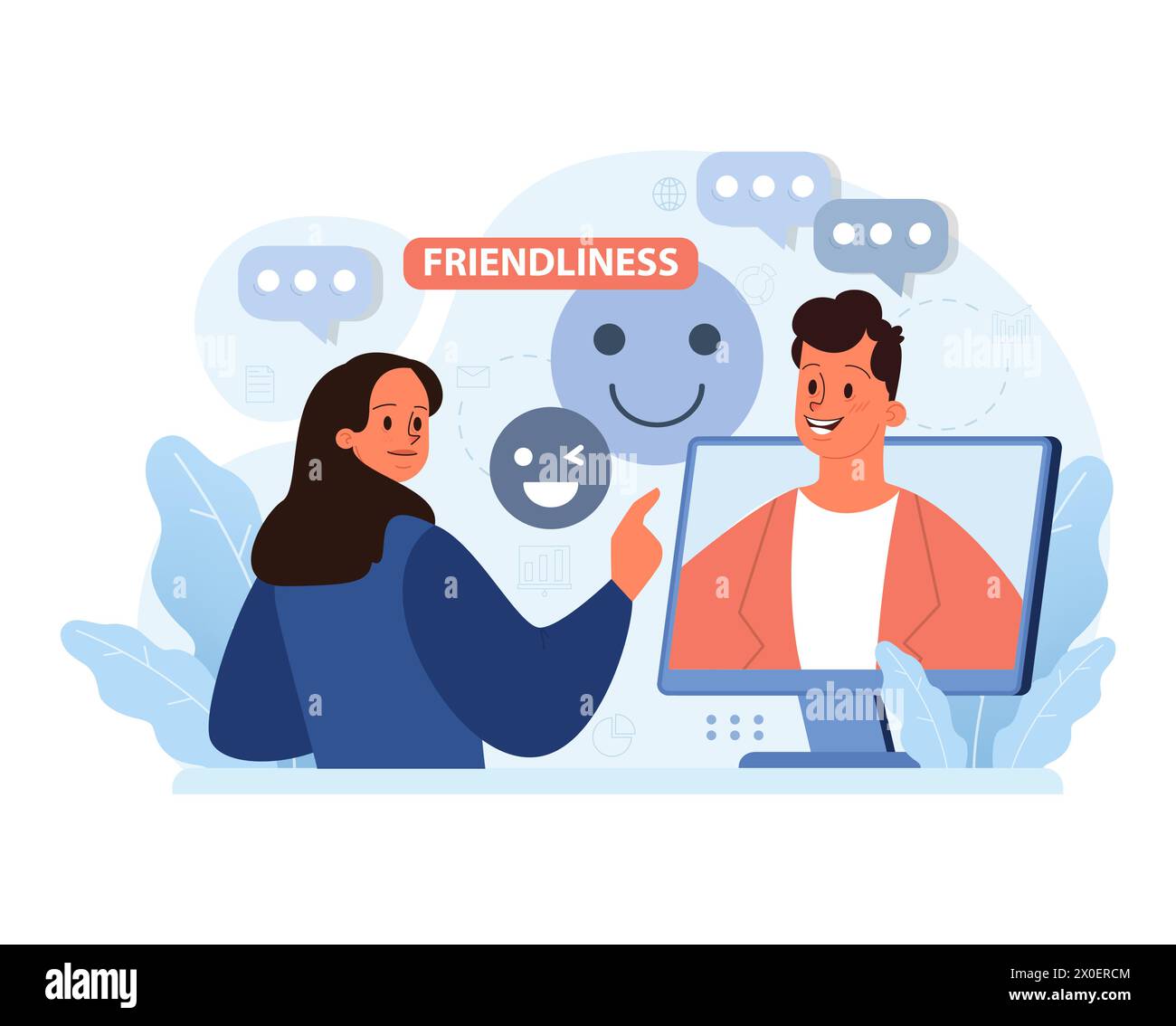 Online communication theme. Diverse colleagues engage in a friendly ...