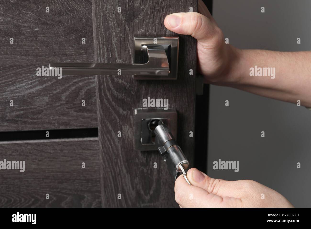 Handyman changing core of door lock indoors, closeup Stock Photo - Alamy