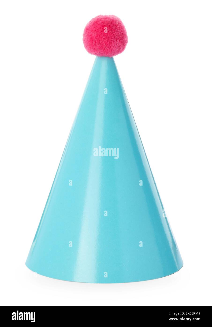 One light blue party hat with pompom isolated on white Stock Photo - Alamy