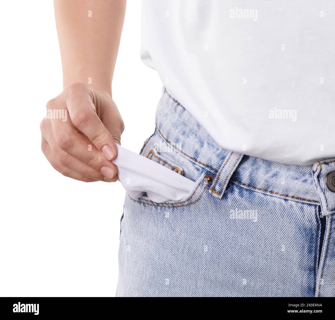 Poor woman showing empty pocket on white background, closeup Stock ...