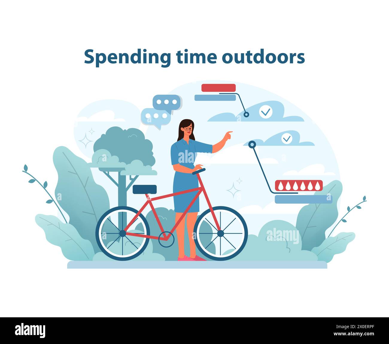 Outdoor Activity Illustration. A woman with a bicycle enjoys the fresh ...