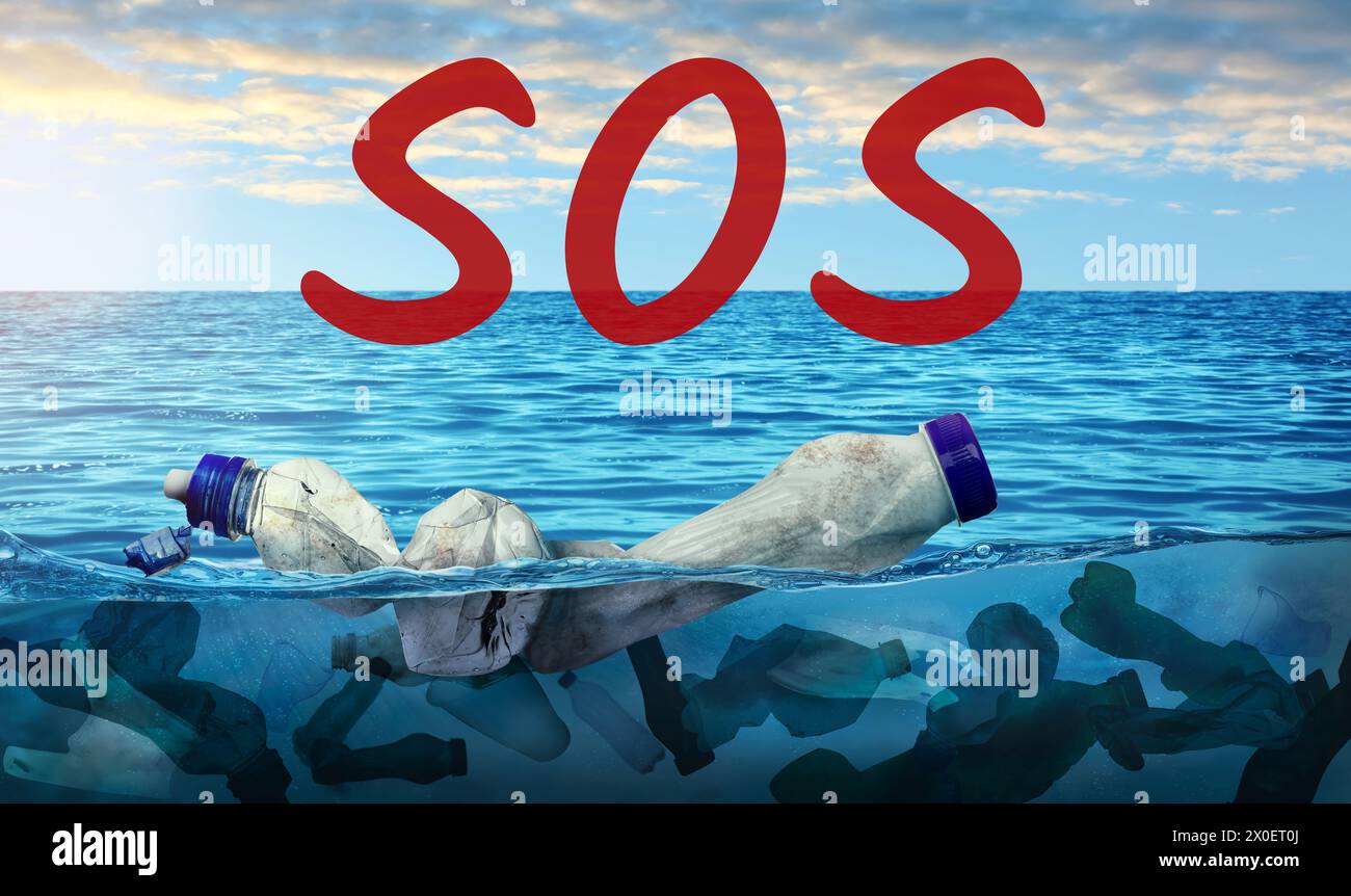 Word SOS and plastic garbage in ocean. Marine pollution Stock Photo - Alamy
