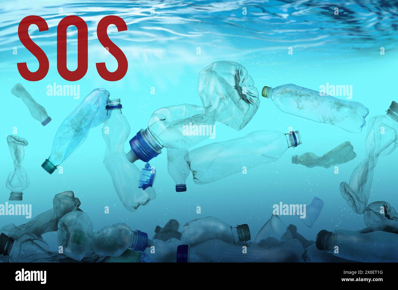 Word SOS and plastic garbage in ocean. Marine pollution Stock Photo - Alamy