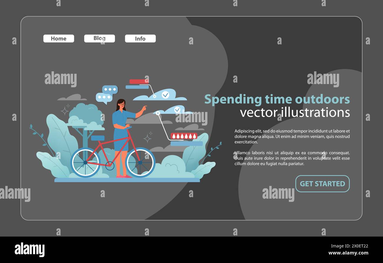 Outdoor Activity Illustration. A woman with a bicycle enjoys the fresh ...