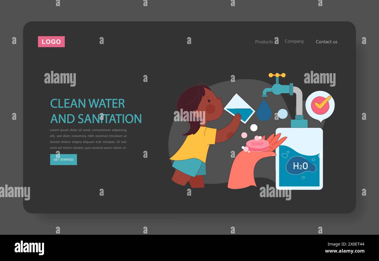 Clean water and sanitation dark or night mode web, landing. Ensuring ...