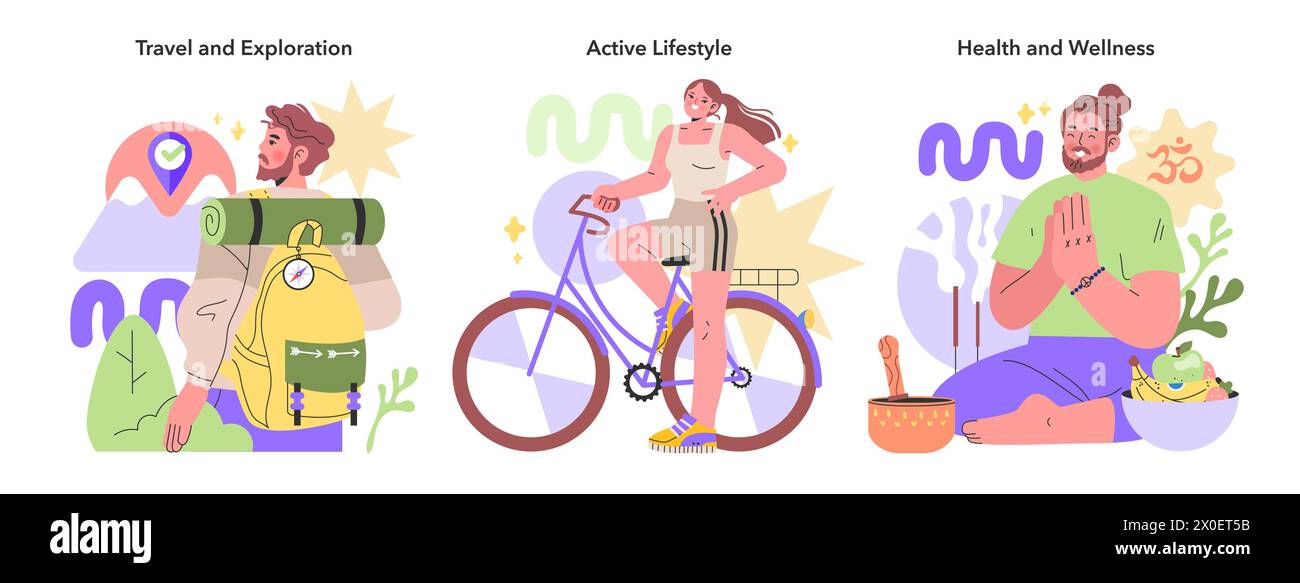 Generation Y set. Embracing travel, engaging in an active lifestyle ...