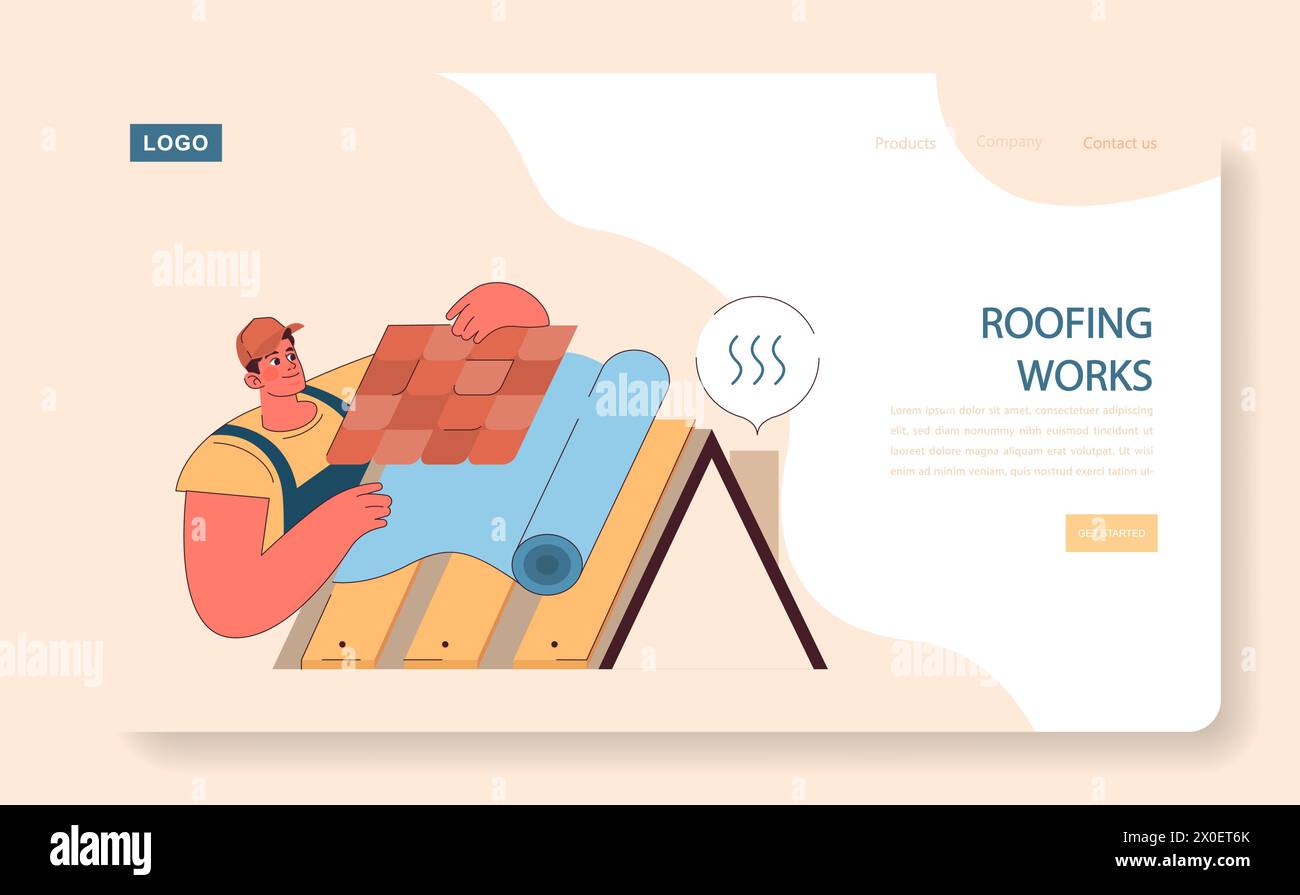 Roofing Works concept. Detailed illustration of a roofer installing ...