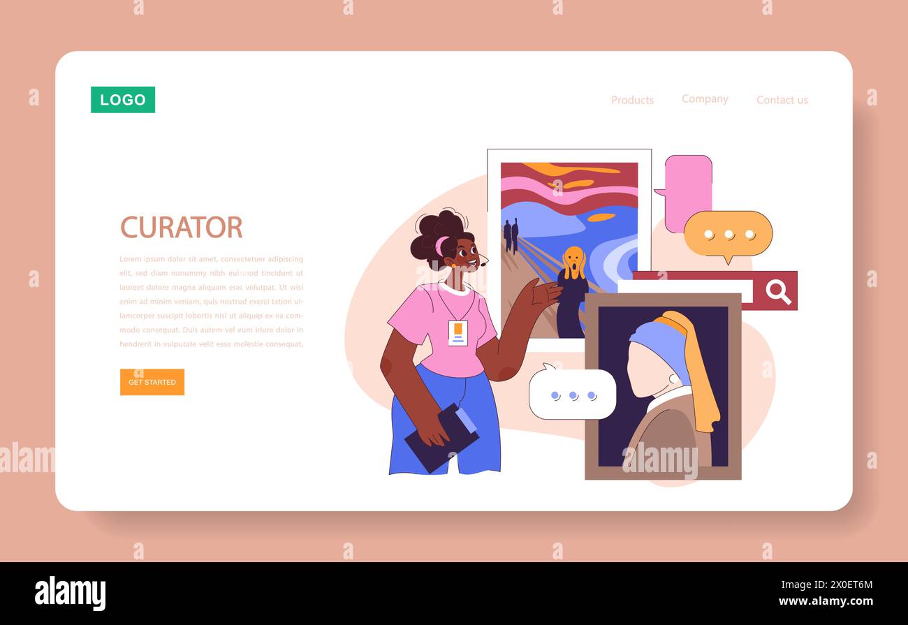 Museum or art gallery web or landing. Female curator discusses artworks ...