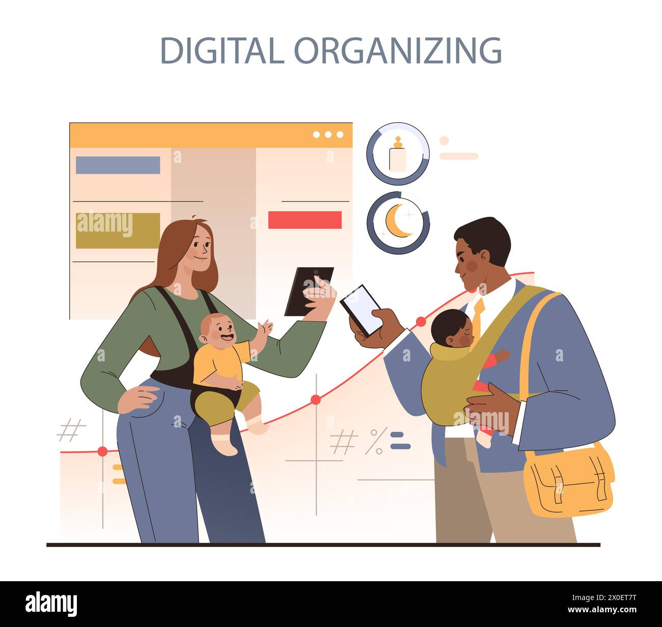 Digital Organizing concept. Family synchronizes schedules and tasks ...