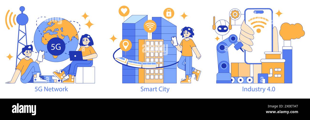 Hyperconnectivity set. Showcasing 5G network implementation, smart city ...