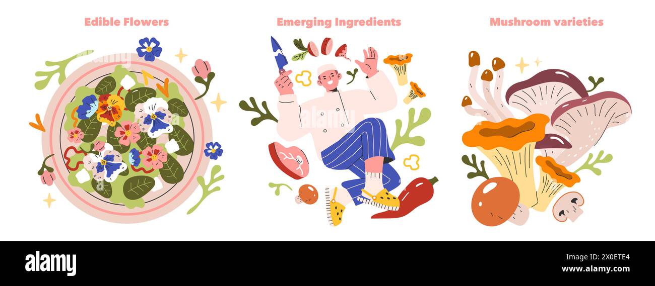 Culinary Trends set. A chef presents a plate of edible flowers ...