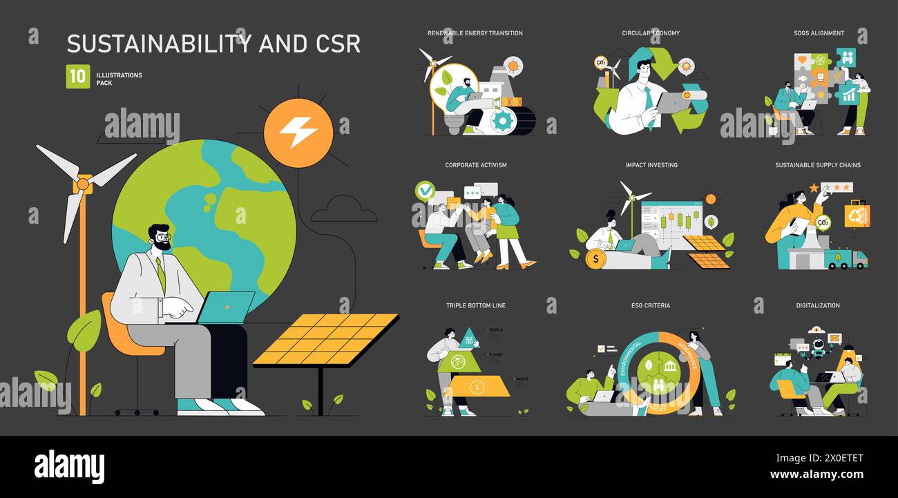 Sustainability and CSR set Eco-conscious business practices and renewable energy initiatives ...