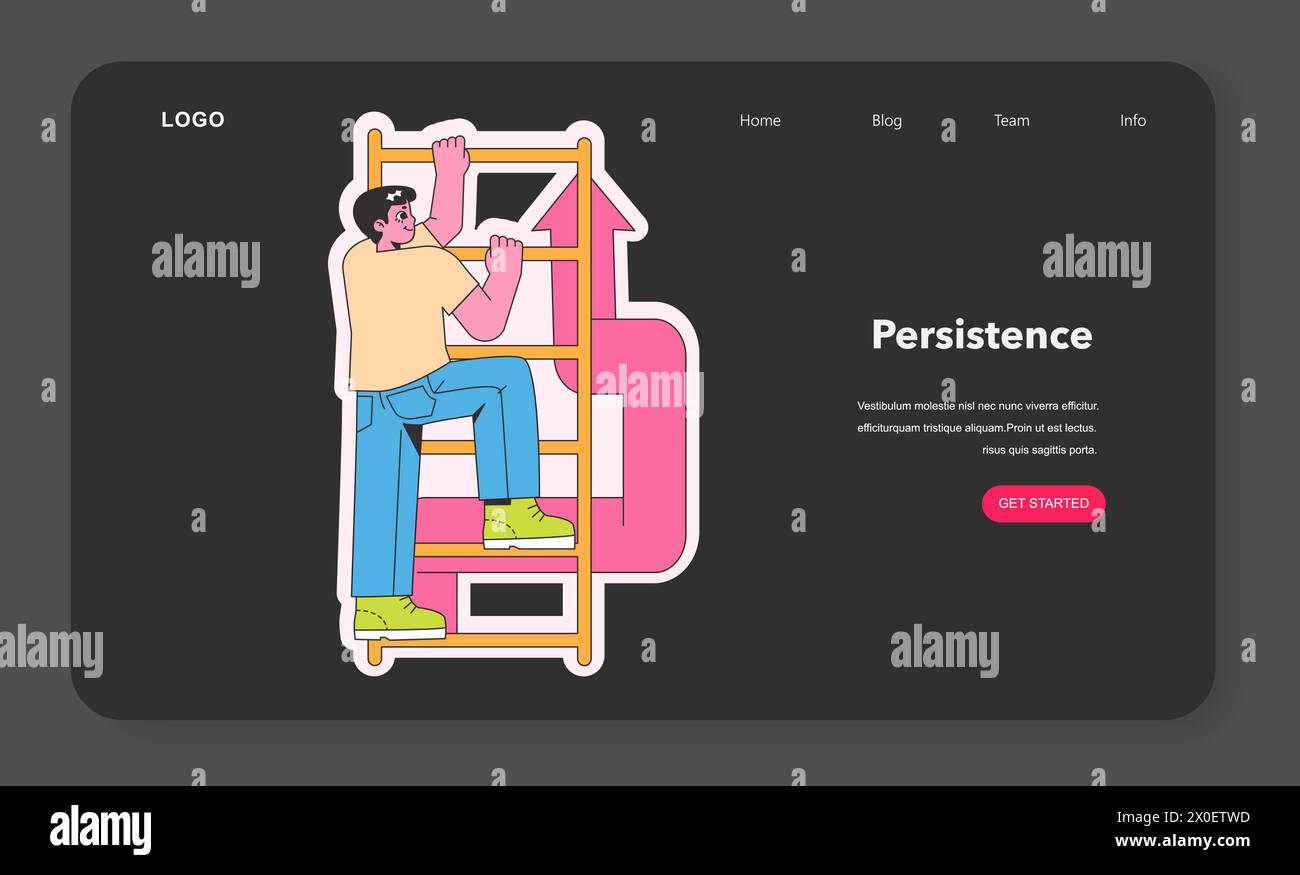 Persistence concept. Man climbs abstract graph, reaching goals against ...