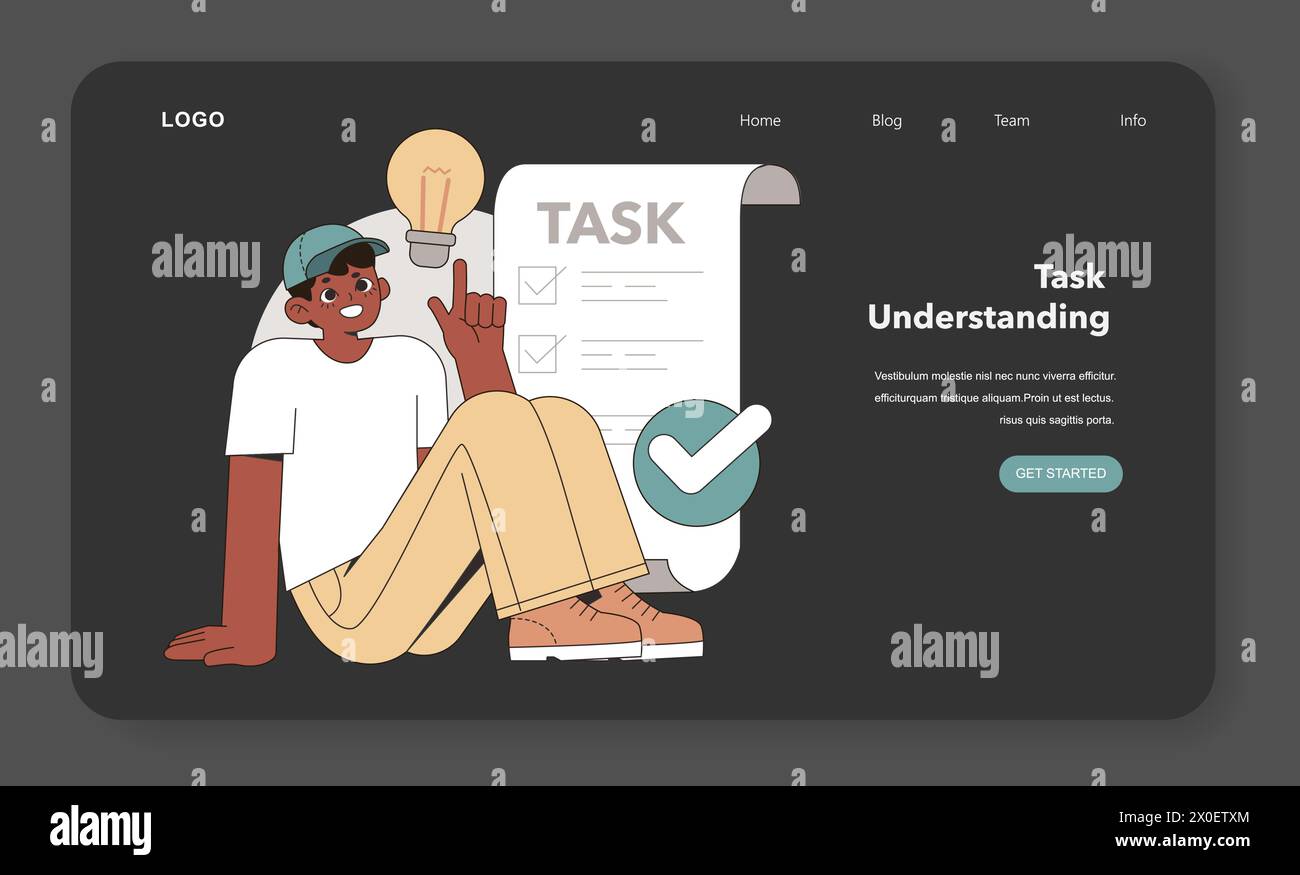 Task Understanding concept. An insightful team member with a lightbulb idea reviews a completed ...