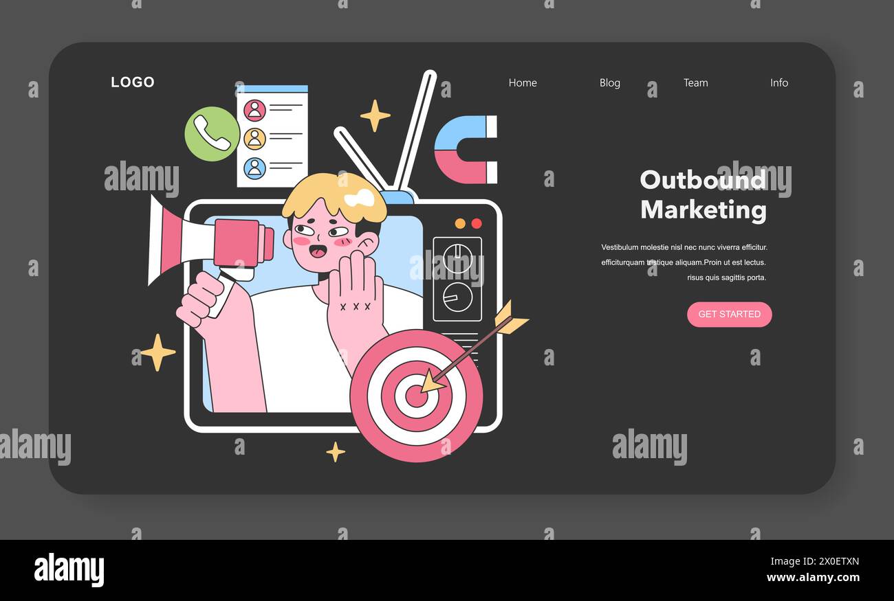 Outbound Marketing concept. Marketer attracts customers with megaphone, targets, and call lists ...