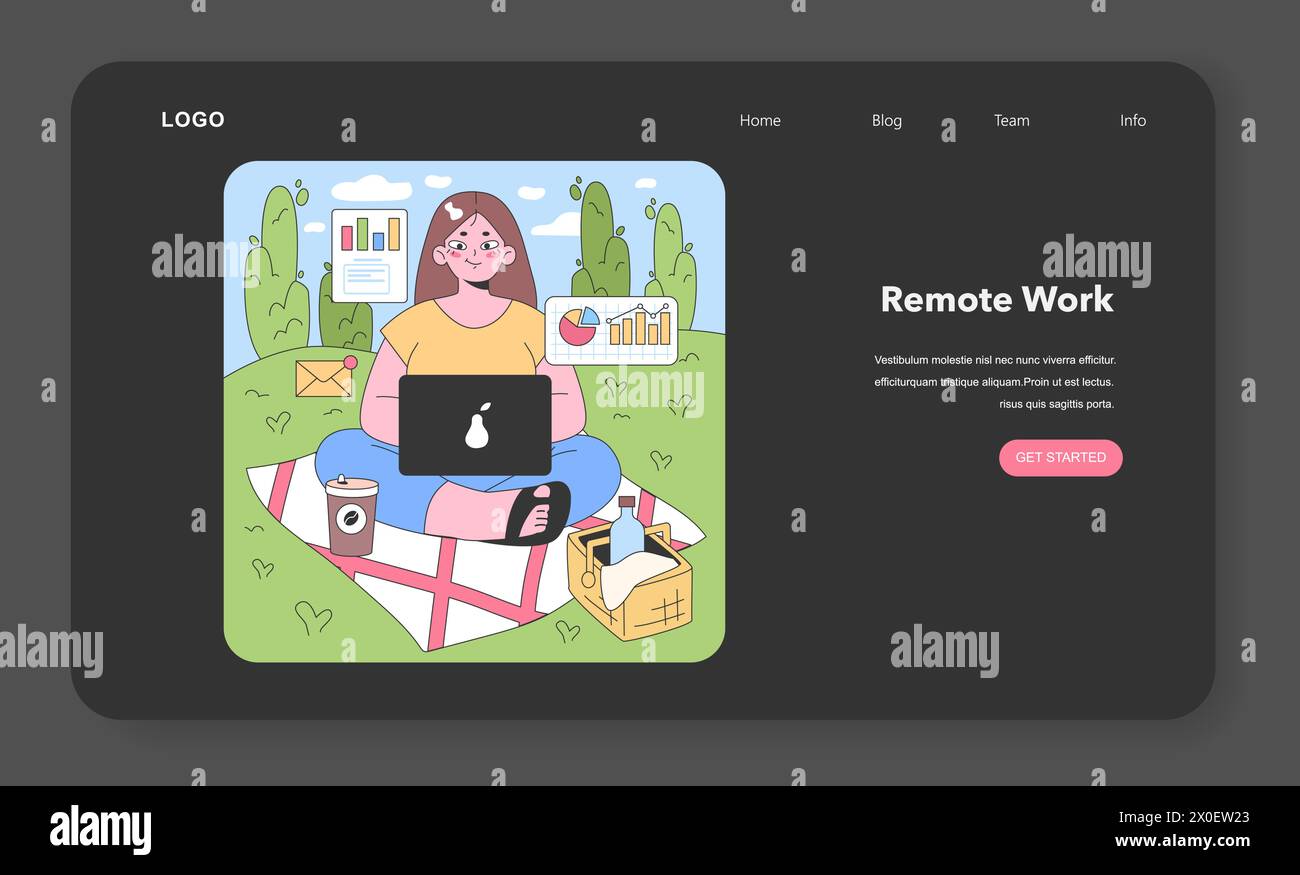 Outdoor workspace concept. Woman with laptop sits on picnic blanket in ...