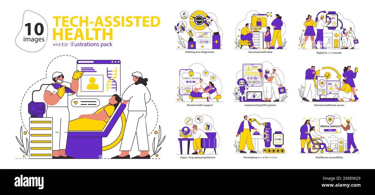 Tech-Assisted Health set. Illustrations showcasing AI diagnostics, EHR ...