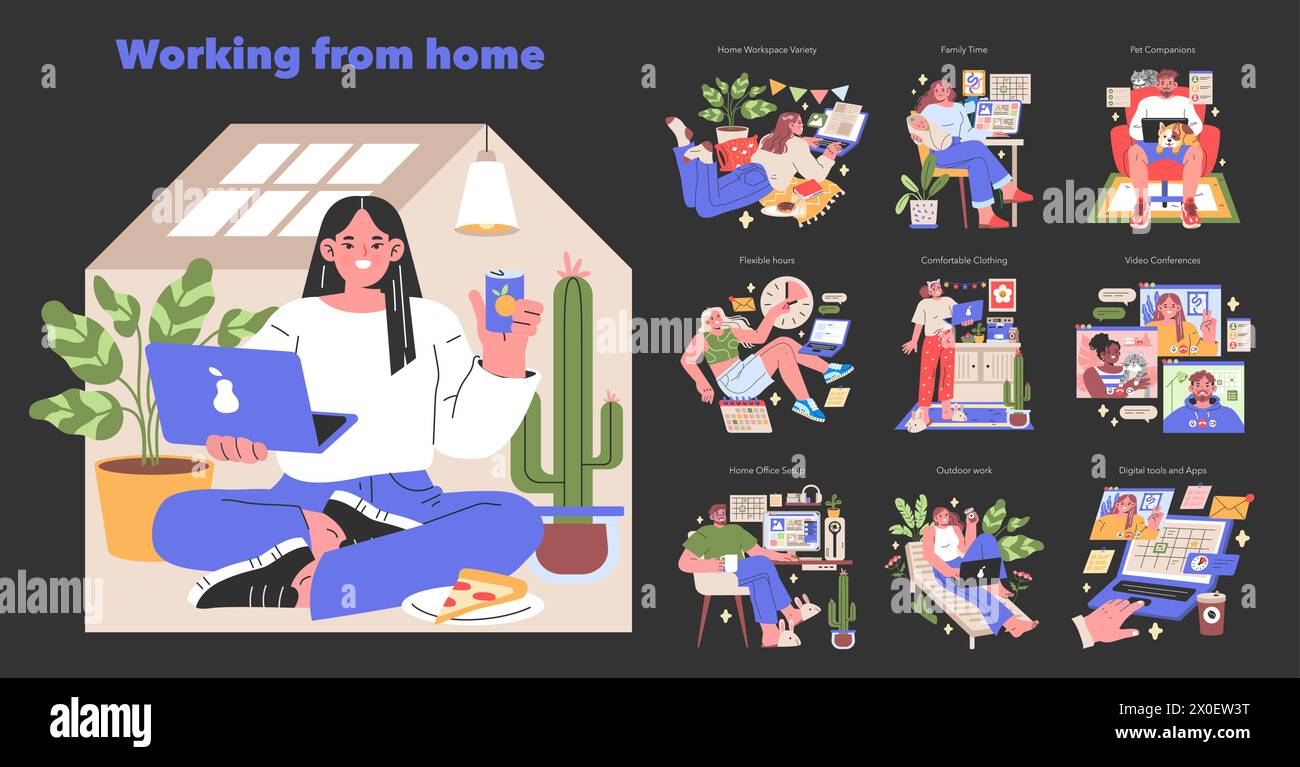 Working from Home set A variety of cozy remote work scenarios ...