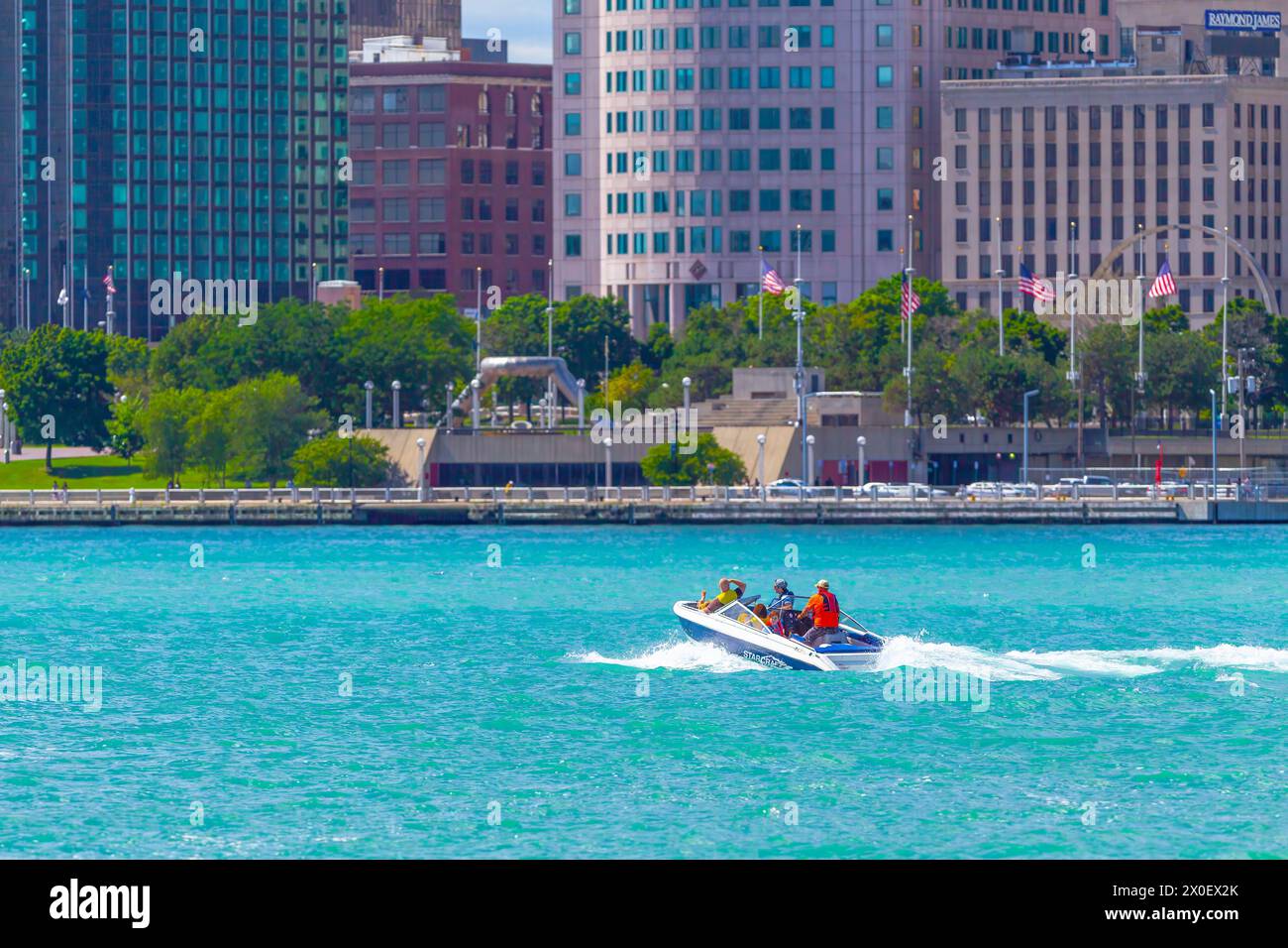 Boating on the Detroit River in Michigan, USA, with Hart Plaza and the ...