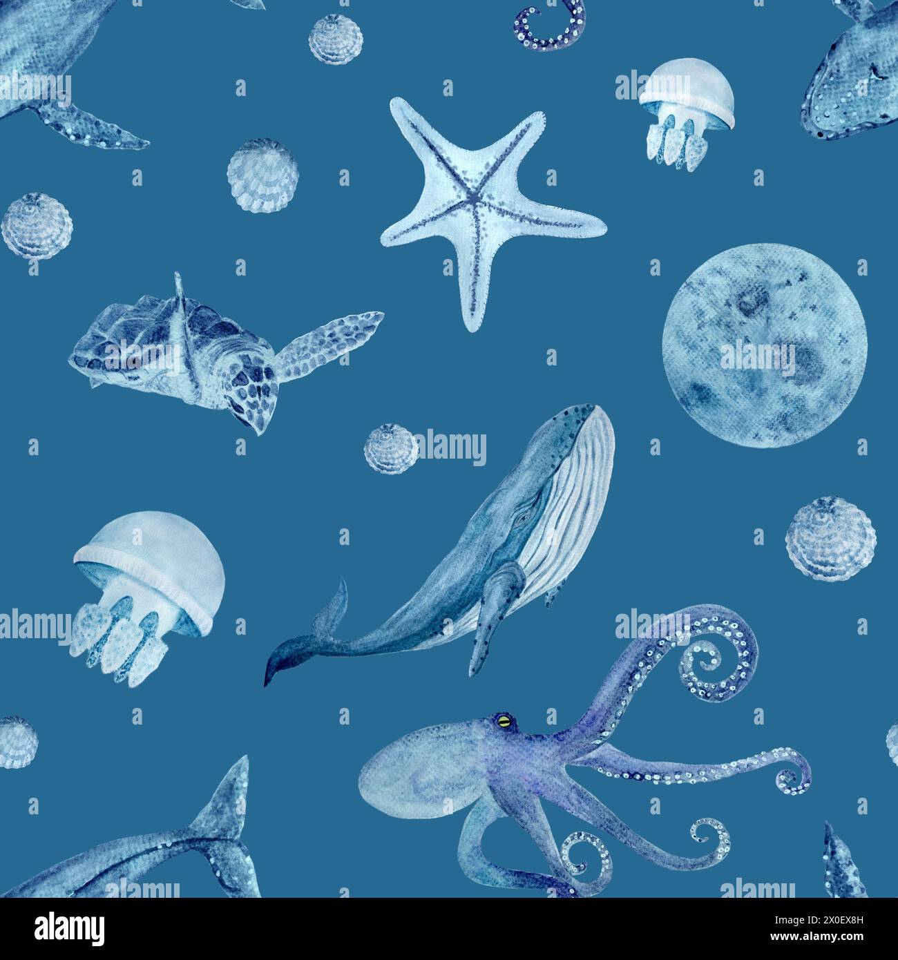 Turtle and other sea creatures watercolor hand-drawn blue monochromatic ...