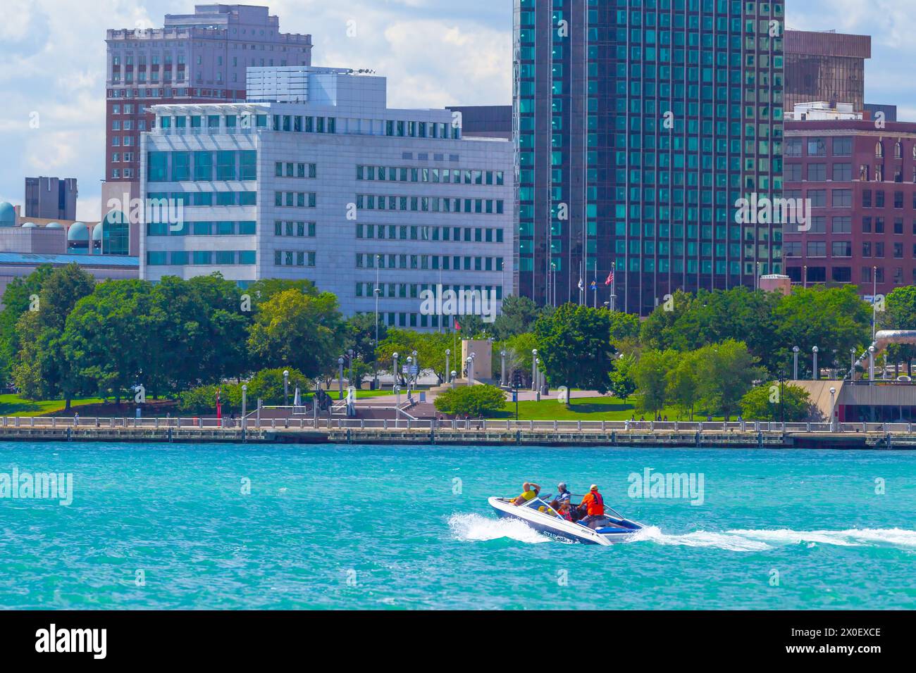 Boating on the Detroit River in Michigan, USA, with Hart Plaza and the ...