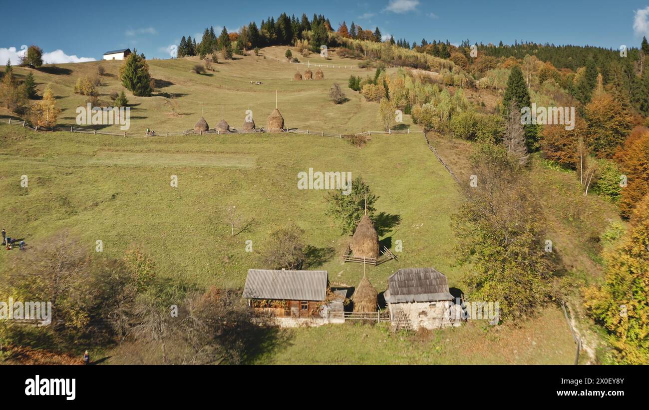 Aerial village at mountain top. Autumn nobody nature landscape ...